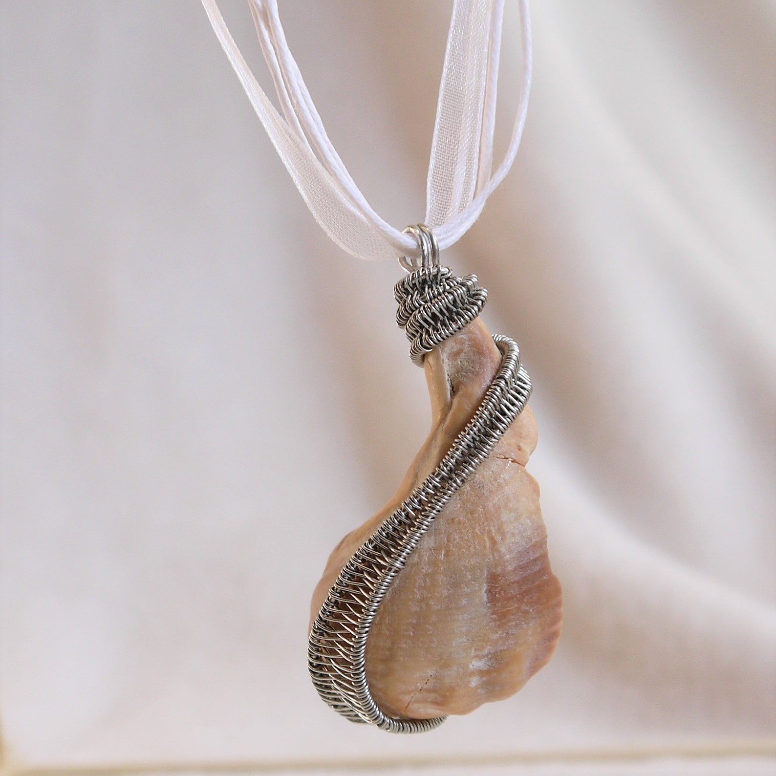 Wire Wrapped Seashell, Woven Pendant, Broken Seashell, Silver White ...