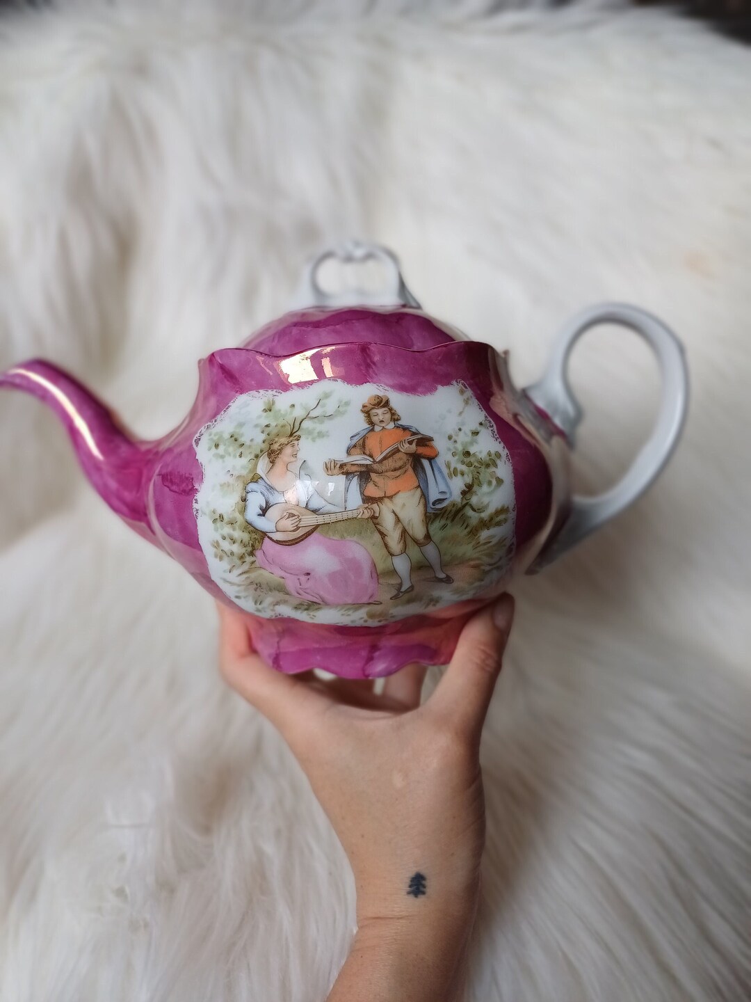 Vintage Strawberry Pink Ceramic Teapot: Romantic Scene, Polish Kettle ...