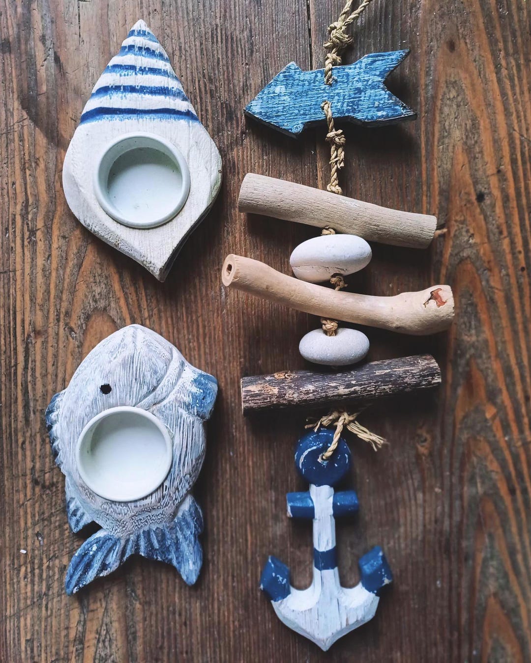 Vintage Nautical Wooden Decor Set Fish & Boat Tealight Holders and ...