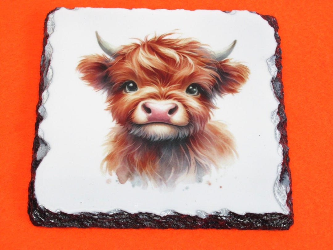 Highland Cow Slate Coaster, Natural Square Slate Coaster, Farm Animal ...
