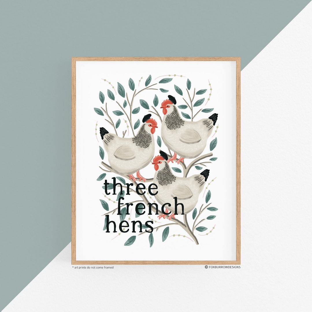 12 Days of Christmas Art Print - Three French Hens, Holiday Decor ...