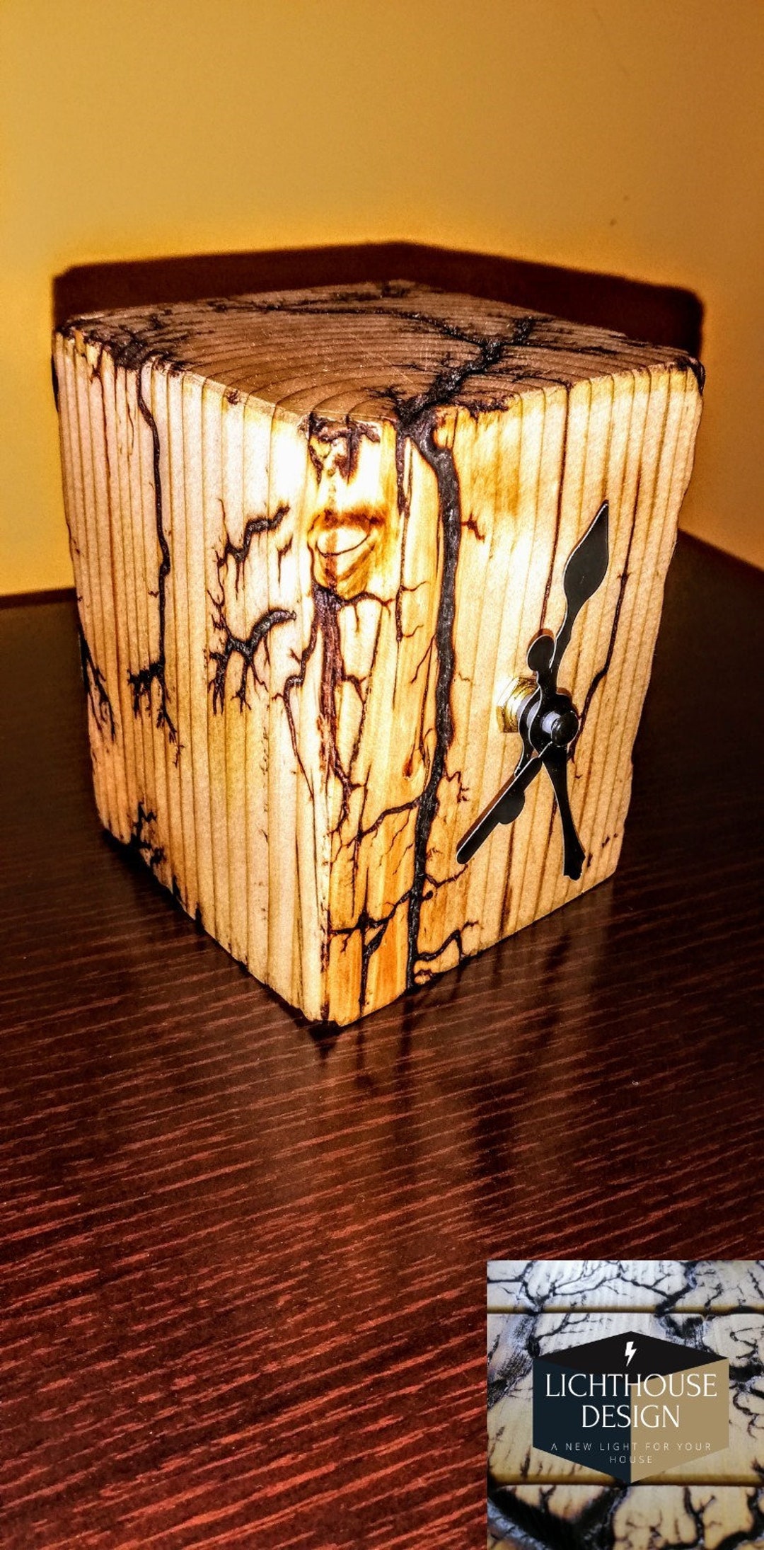 Table Cube Clock Fir Spruce Wood Lichtenberg Engraved Customizable - Etsy