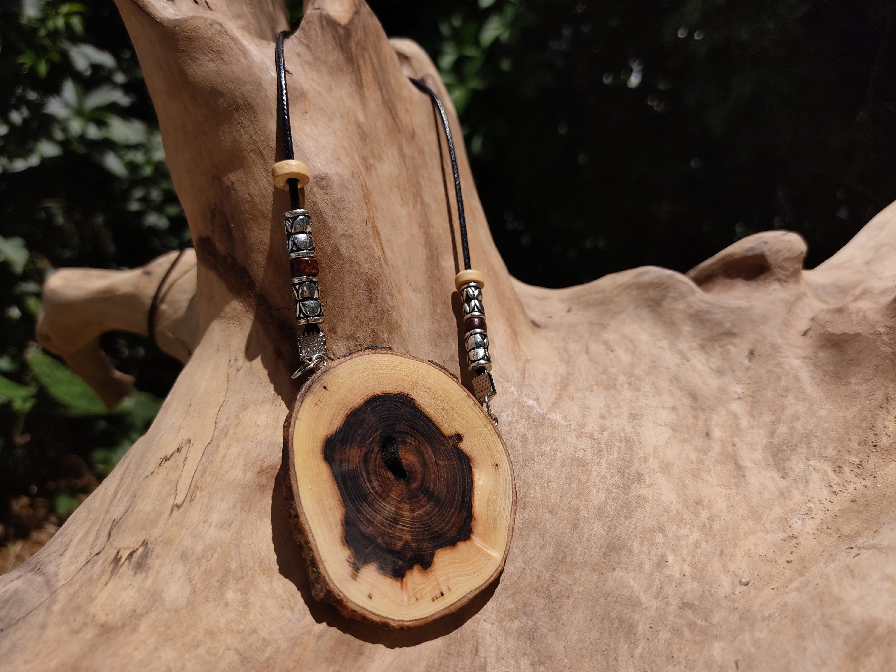 Handmade long necklace with wooden slice pendant and metal and | Etsy