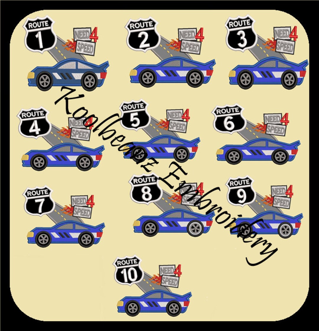 Race Car Birthday Number Set, Digital Applique Files. in Sizes 4x4 5x7 ...