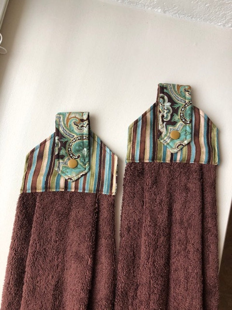 Set of 2 Brown and Turquoise Hanging Kitchen Towels FREE - Etsy