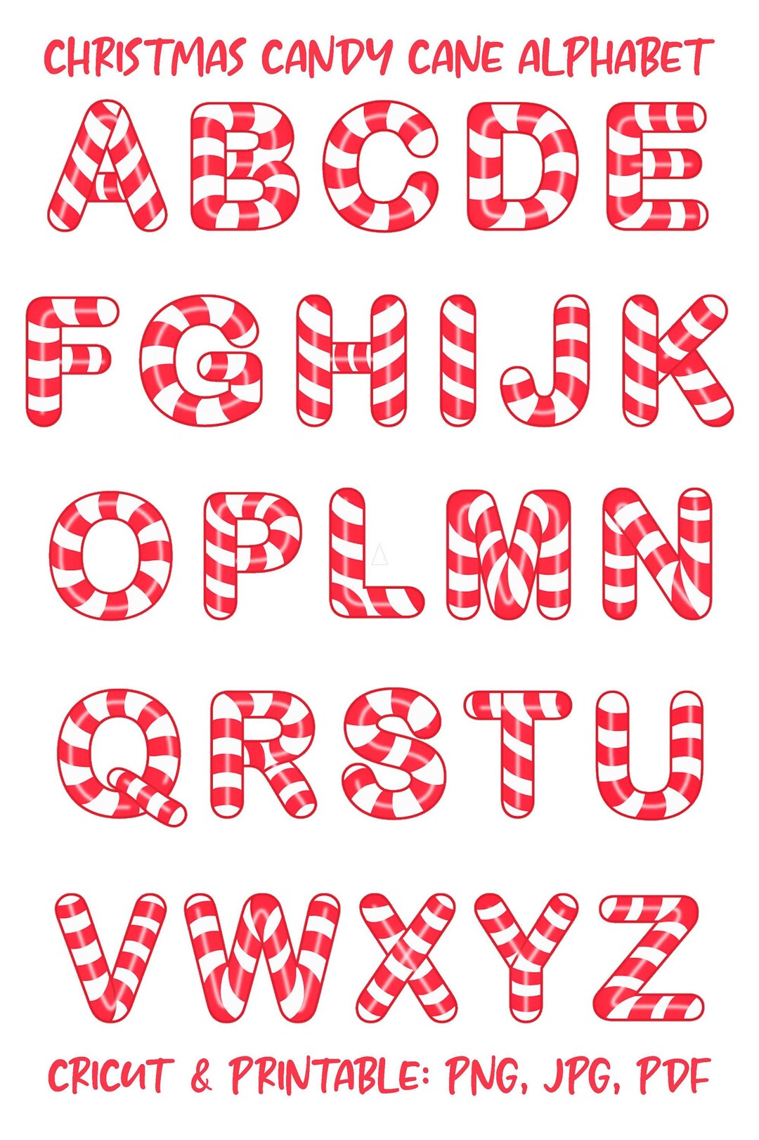 Candy Cane Alphabet, Cricut & Printable Candy Cane Alpha, Png, Jpg, Pdf ...