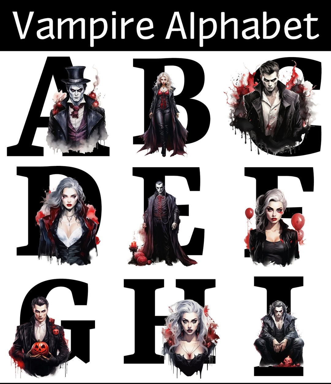 VAMPIRE Alphabet, Junk Journal or Scrapbook Pages, Vampire Ephemera, 2 ...