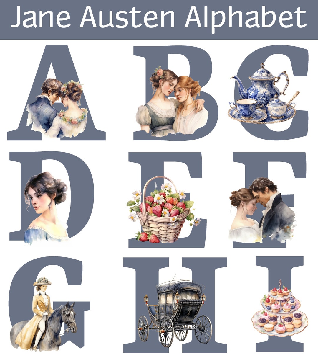 Jane Austen ALPHABET, Junk Journal Pages, Printable Watercolor ...
