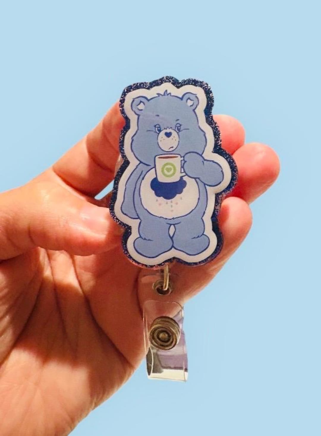 Grumpy Bear With Coffee Inspired Badge Reel,cna, RN, Nurse, Glitter ...