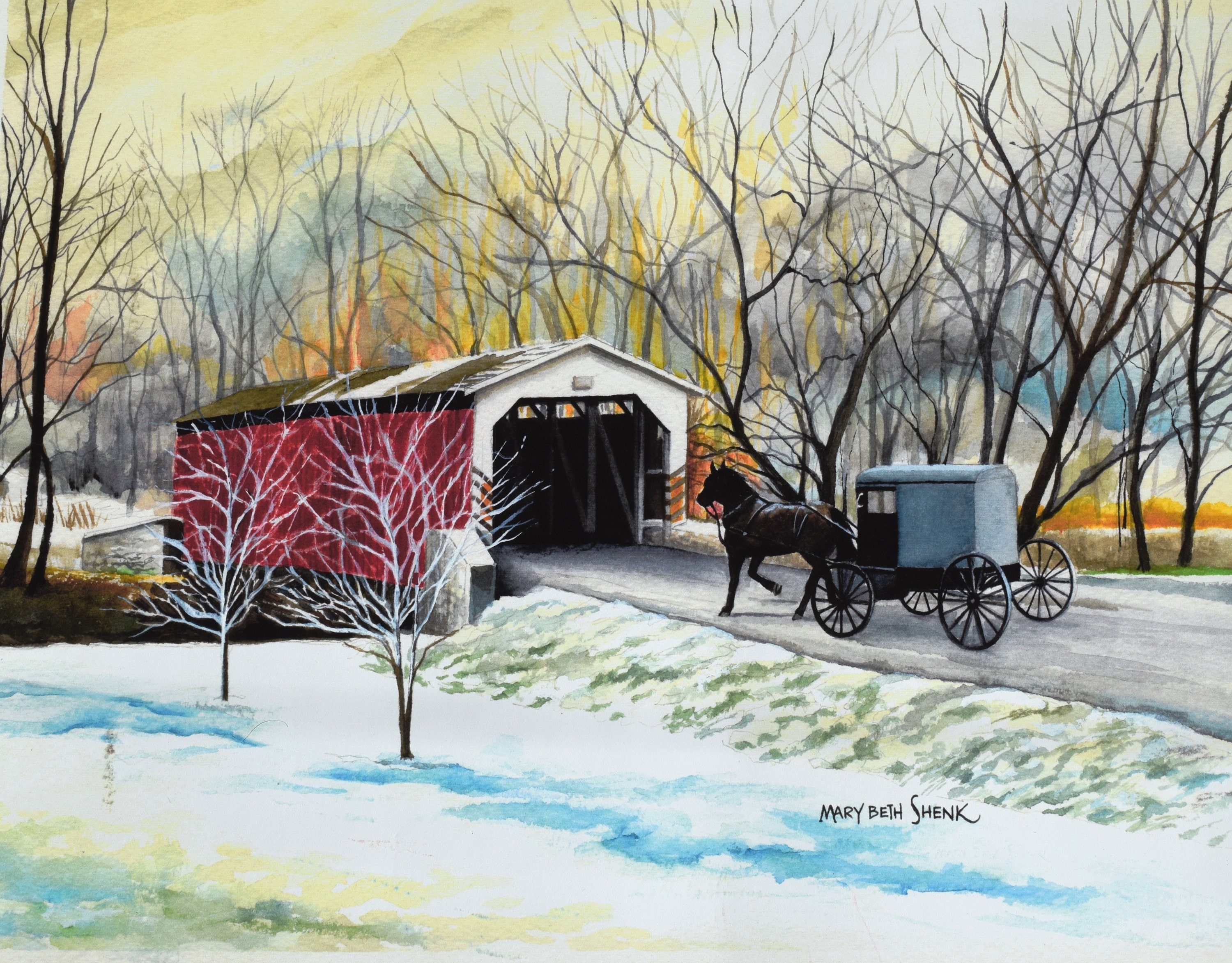 Amish Horse and Buggy Covered Bridge Watercolor (print) - Etsy
