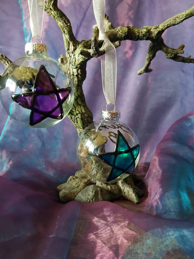 Pentagram/pagan Hand Painted Glass Baubles With blessed Be Greeting on ...