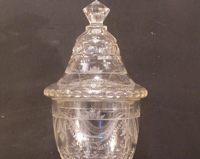 19 C Intaglio Cut Crystal Sweet Meat Candy Dish Irish Glass Covered Urn ...