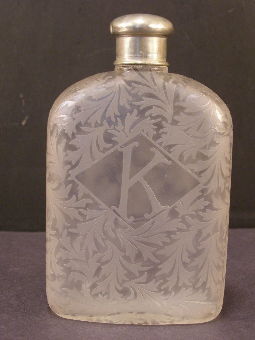 19 C Intaglio Acid Cut Etch Glass Pocket Hip Flask Silver Liquor ...