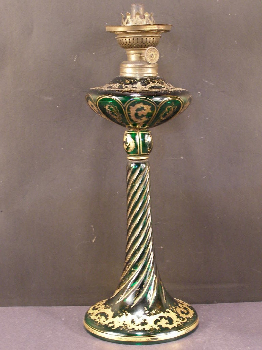 LG 1800s Bohemian Green Moser Cut Panel ~SWIRL~ Glass Banquet Oil Lamp ...