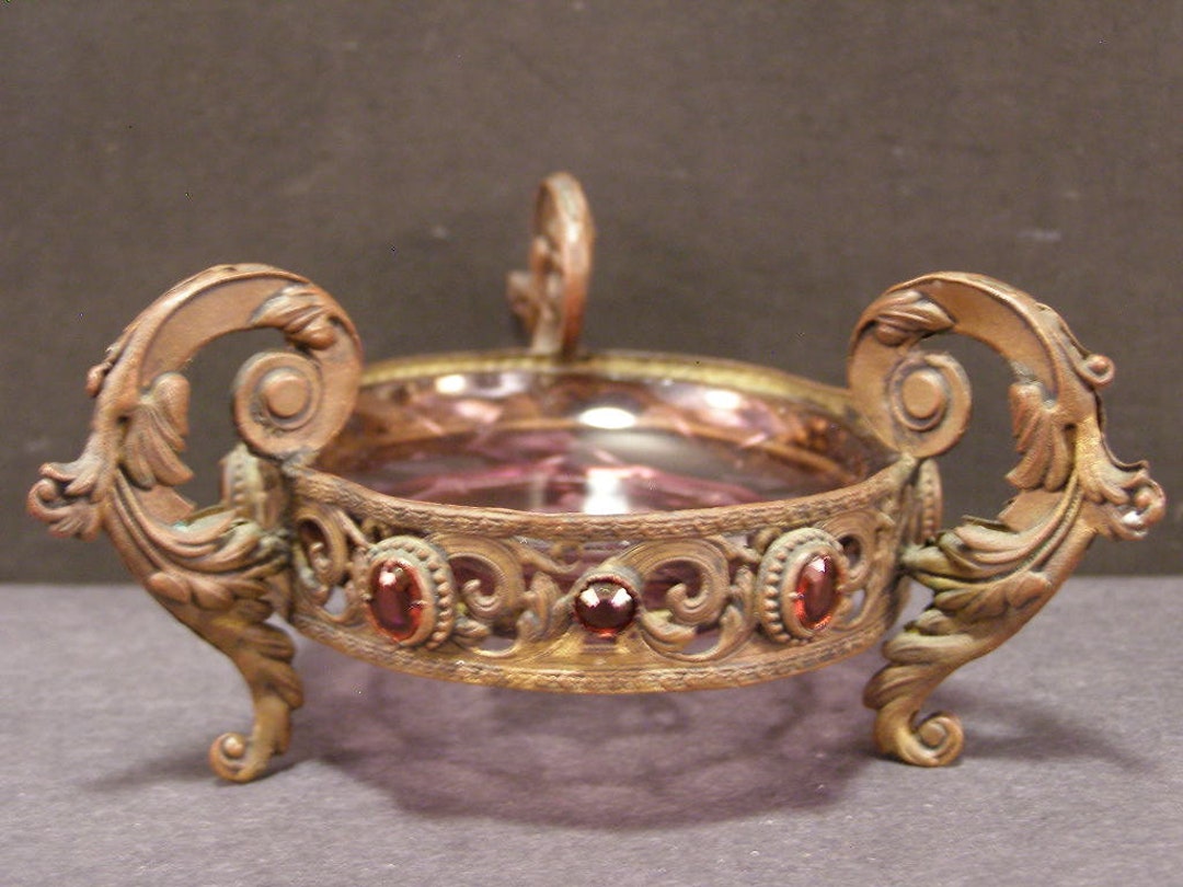Antique Bronze Jeweled Salt Cellar Dip Cupid Venus Intaglio Cut Purple ...