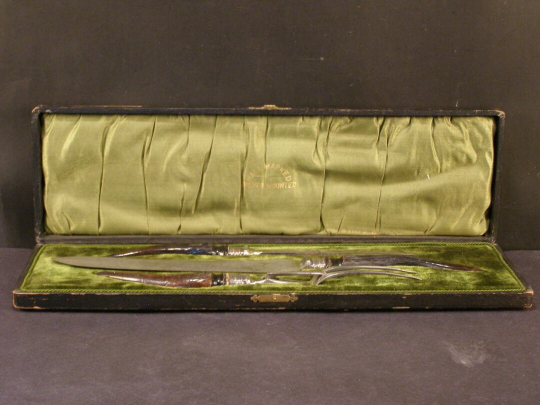 Antique Sterling Silver 3pc Meat Fork Knife Serving Carving Set Case ...