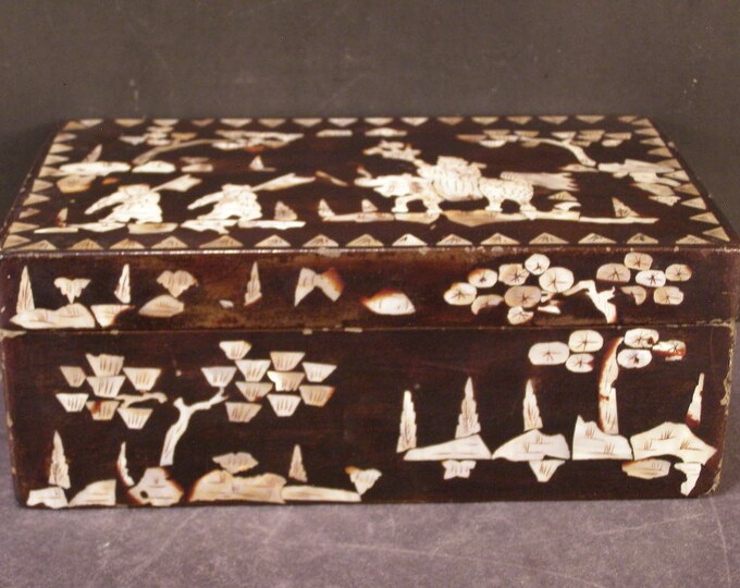 Antique MOP Mother of Pearl Inlay Black Lacquer Jewelry Trinket Dresser ...