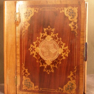 RARE Antique Inlaid Wood Inlay BOOK Wooden Jewelry Trinket Dresser Box ...