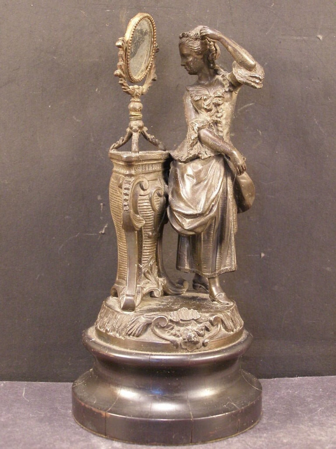 Antique French Bronze Vanity Mirror Statue Sculpture Lady Figurine ...