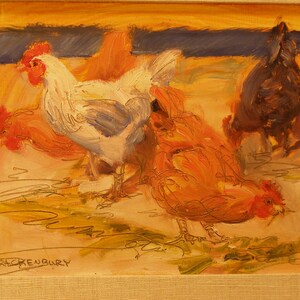 ORIGINAL Vintage Amy BRACKENBURY Rooster Farm Chickens Wildlife Oil ...