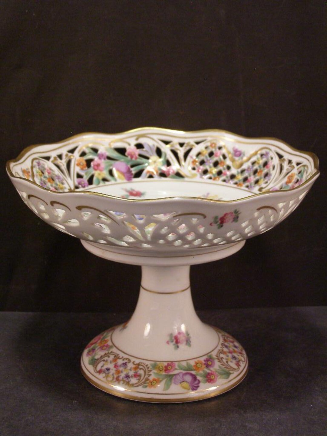 Vintage German Dresden Reticulated Pedestal Fruit Basket Bowl Compote ...