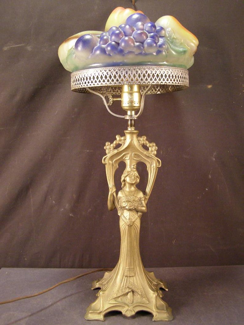 Antique Art Nouveau Flapper Woman Lamp Puffy Fruit Shade Reverse ...