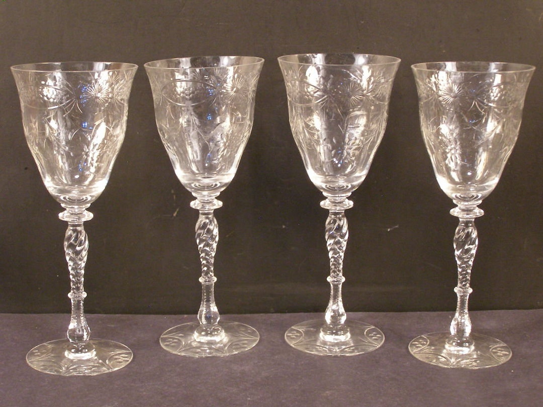 30's Rare Sharpe Rock Crystal Water Goblets Stem Wine Glass Cut Etch ...