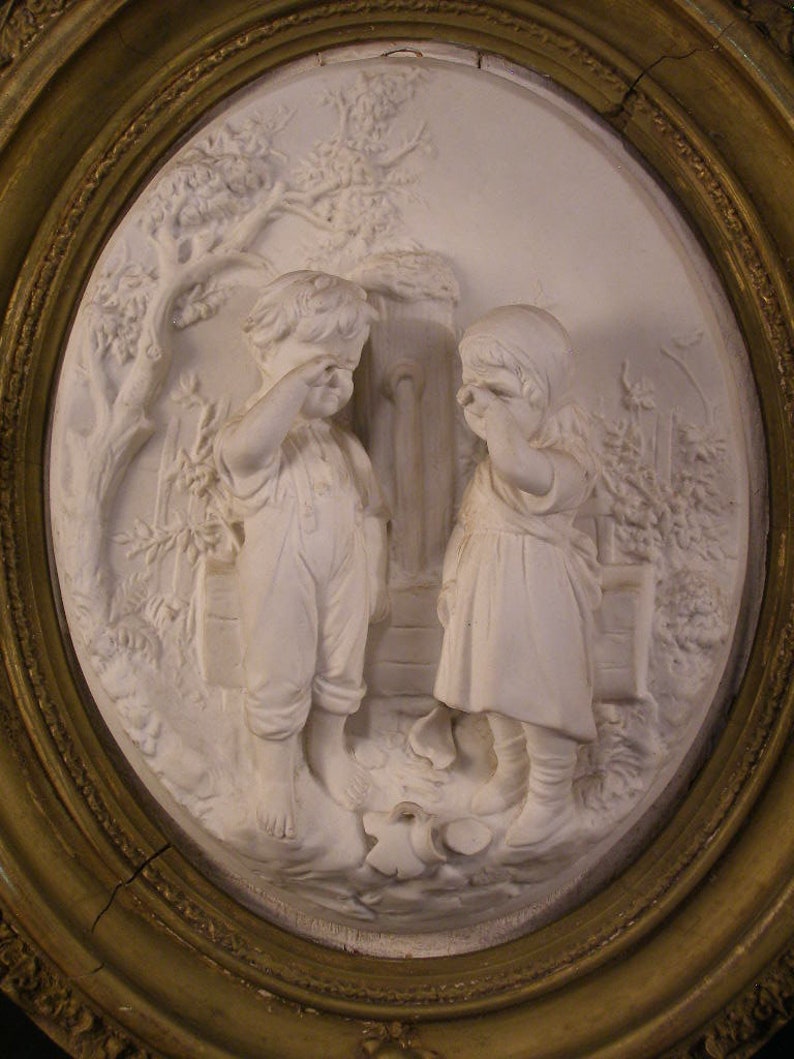 19 C Bas Relief Biscuit Parian Porcelain Children 3-D Figure Plaque ...