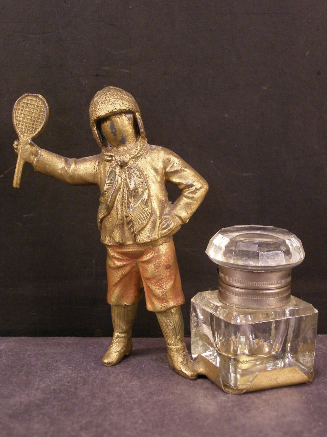 RARE 19 C Boy Tennis Figurine Statue Sculpture Ink Well Pot Stand ...