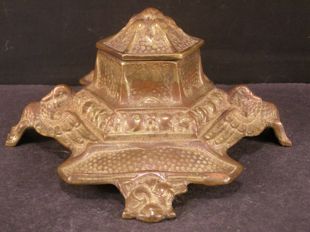 Antique Bronze Brass Inkwell Stand Figural Swan Pen Rack Holder ...
