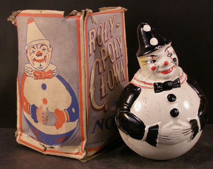 Antique Paper Mache Roly Poly Toy Clown Noma Germany W/original BOX ...