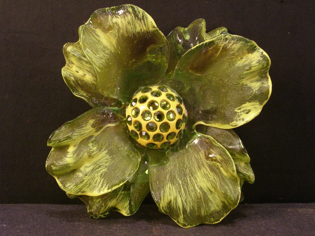 60's Vintage Bakelite Celluloid Flower Green Rhinestone Lucite Brooch ...