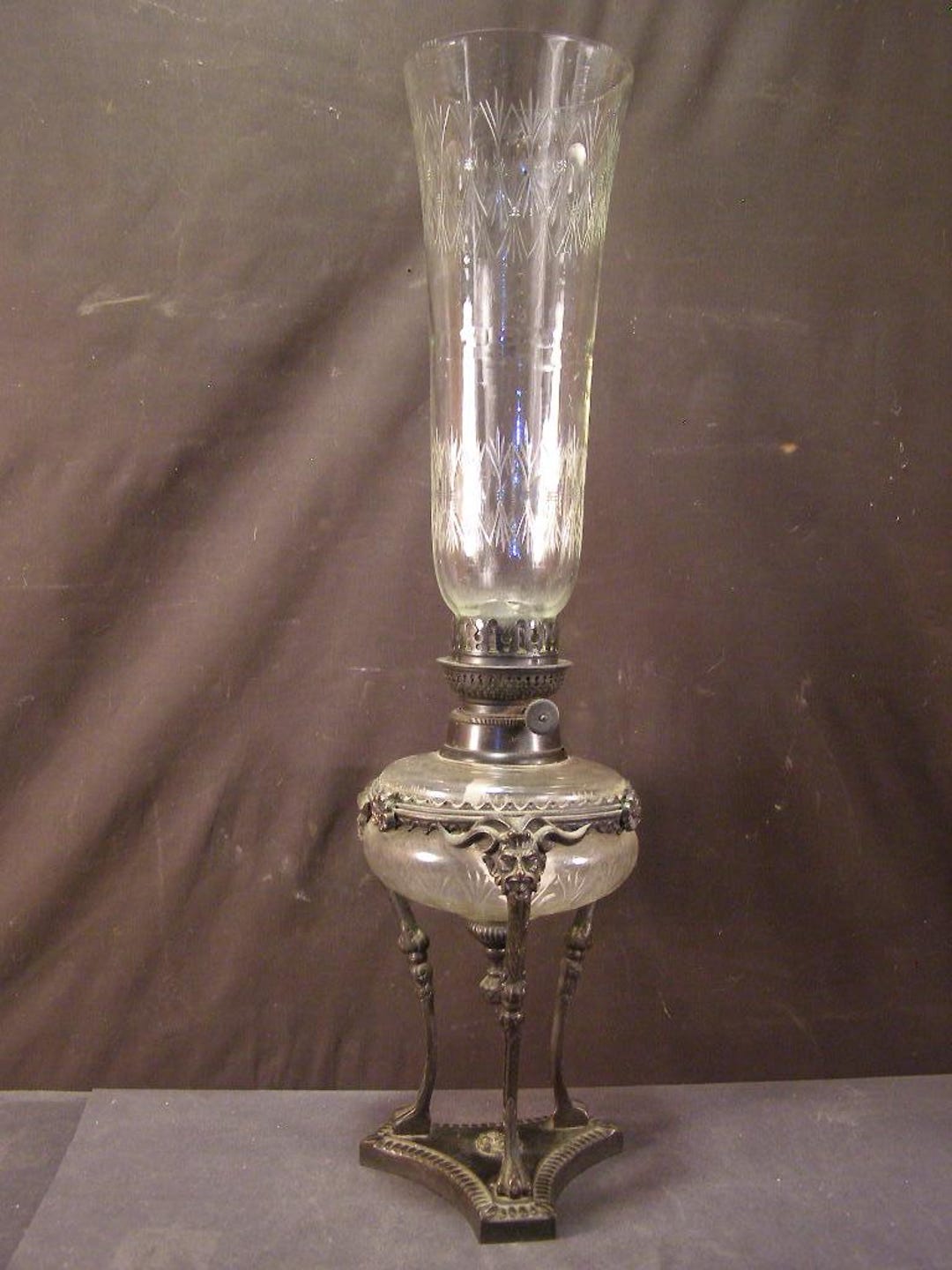 Vintage Devil Satyr Hurricane Oil Lamp Cut Etch HAND BLOWN Glass Shade ...