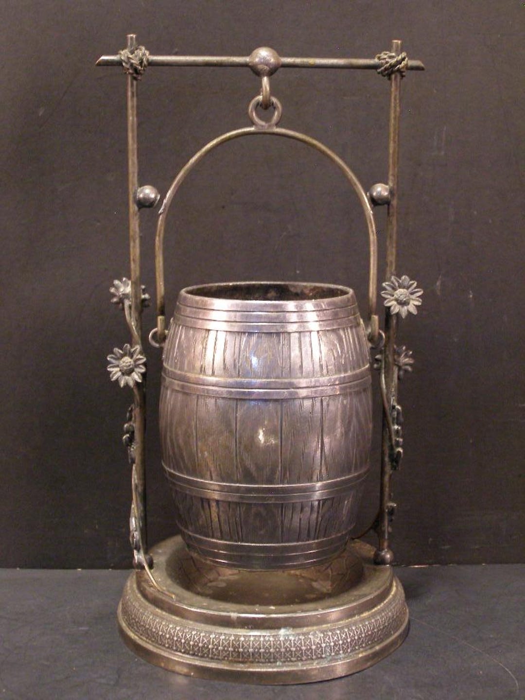 1800's Victorian Silver Barrel Server Condiment Pickle Castor Jar Stand ...