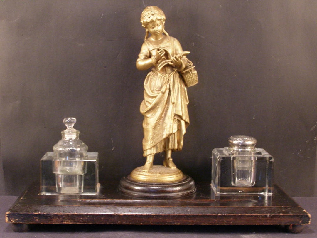 HUGE Victorian Inkwell Stand Figural Metal Girl Woman Statue Sculpture ...
