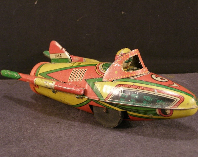 50's RARE Japan Tin Litho Friction Super "supper" Rocket Space Ship Toy ...