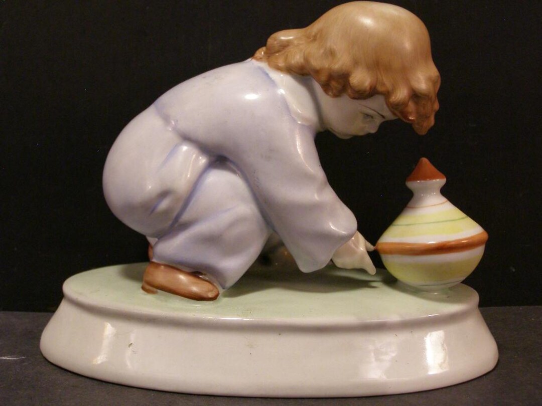 MCM Zsolnay Pecs Figurine Child Playing Whirligig Spinning Top Hungary ...