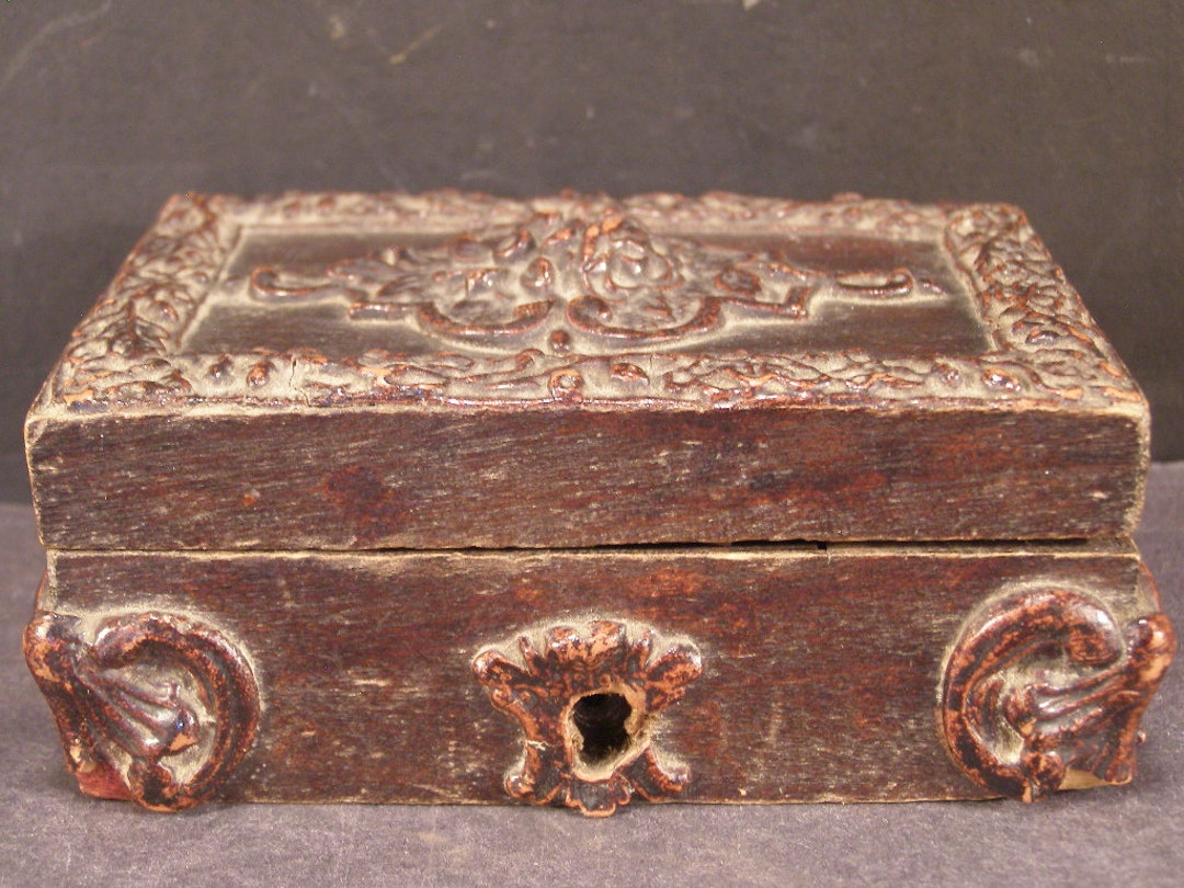 Antique 19 C Miniature Carved Lock Wood Jewelry Trinket Vanity Dresser ...