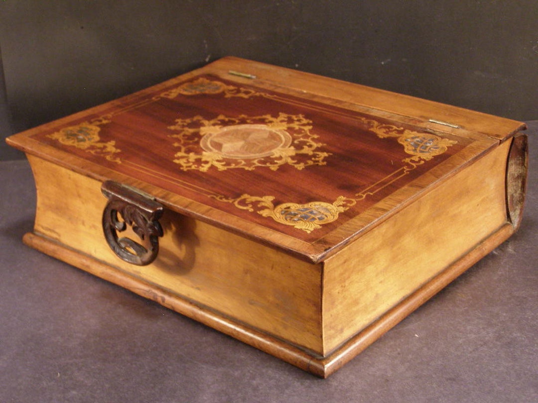 RARE Antique Inlaid Wood Inlay BOOK Wooden Jewelry Trinket Dresser Box ...