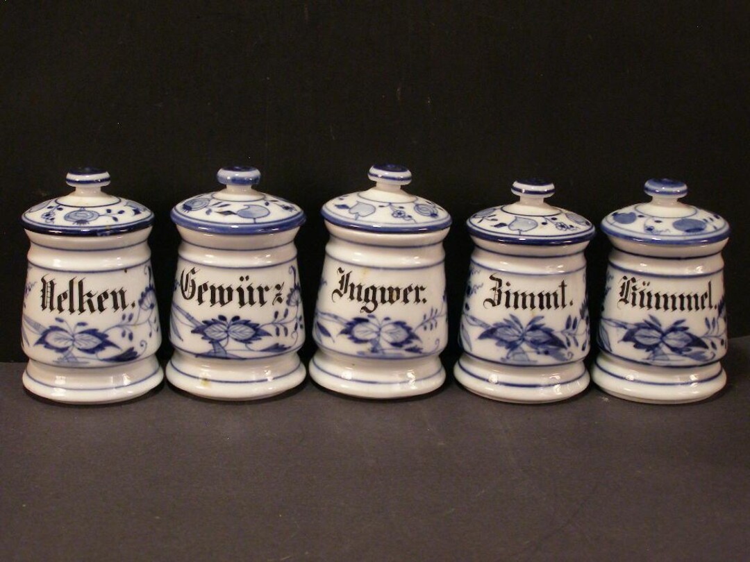 19c German Zwiebelmuster Porzellan Blue White Onion Delft Spice Jar ...