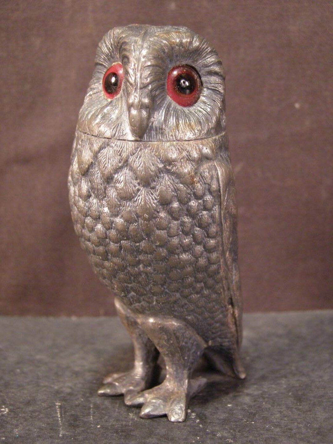 Antique Victorian Owl Pounce Pot Pepper Shaker Silver Plate Glass Eye ...