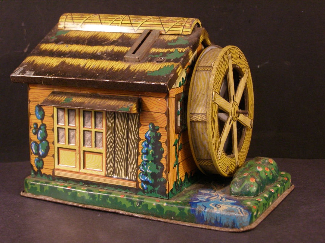 50's Water Wheel Mill Tin Mechanical Coin Piggy Building Bank San ...