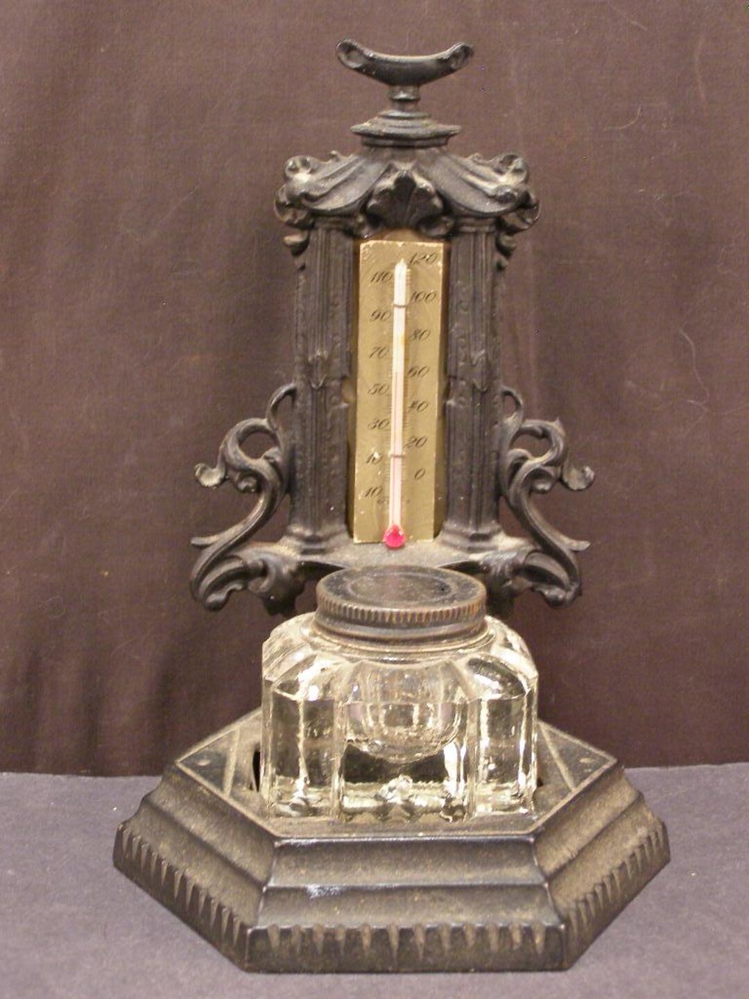 Antique Victorian Ornate Cast Iron Inkwell Thermometer Ink Pot Stand ...