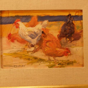 ORIGINAL Vintage Amy BRACKENBURY Rooster Farm Chickens Wildlife Oil ...