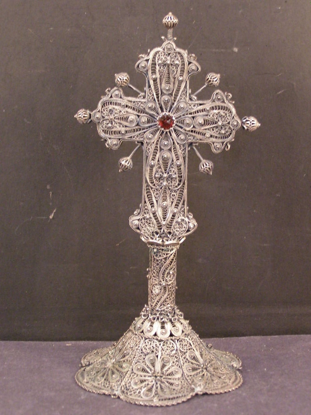 19 C RUBY Jeweled Gothic Reliquary ~RARE~ BIG 800 Silver Filigree ...