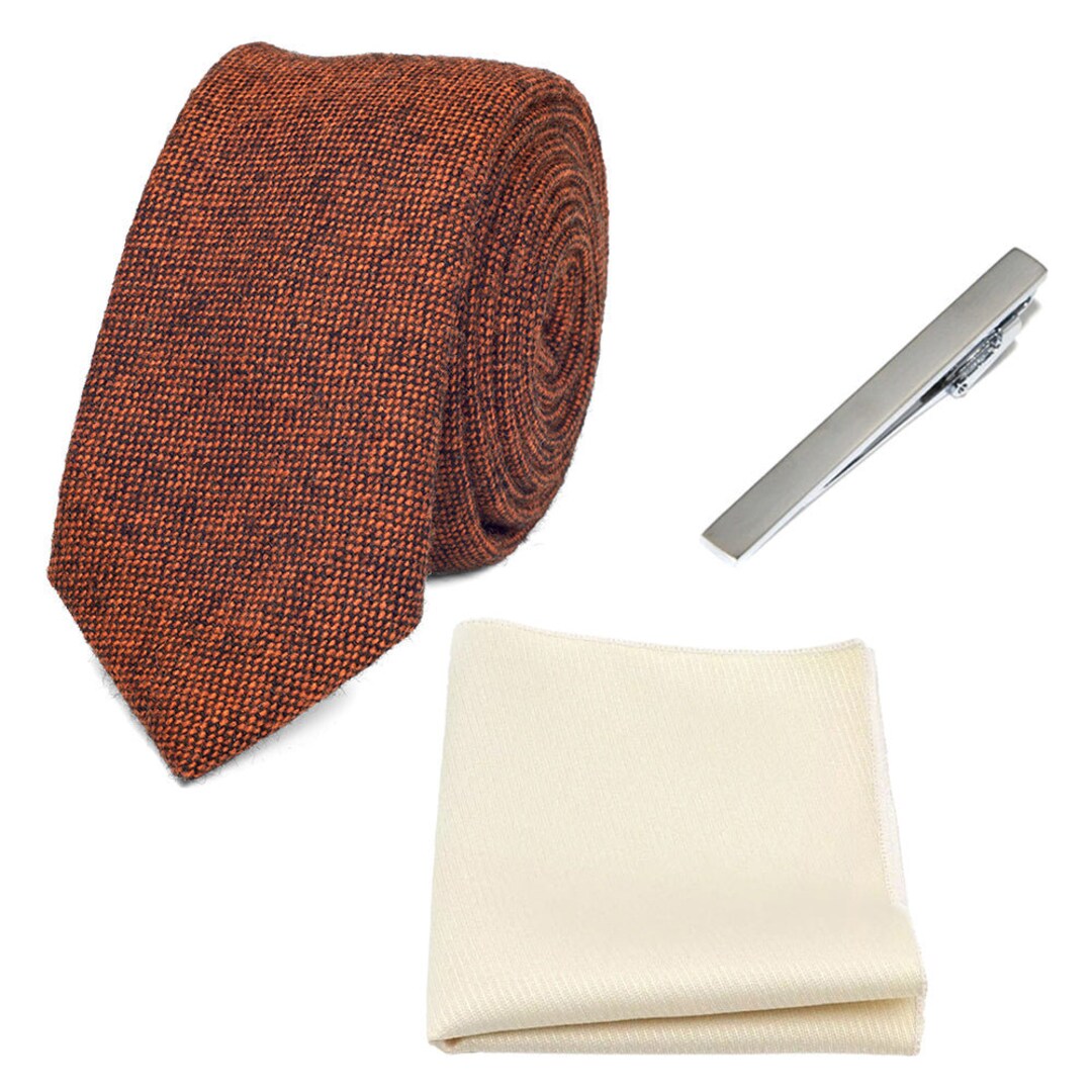 Charlie Burnt Orange Wool Tie Cream Pocket Square and Silver - Etsy