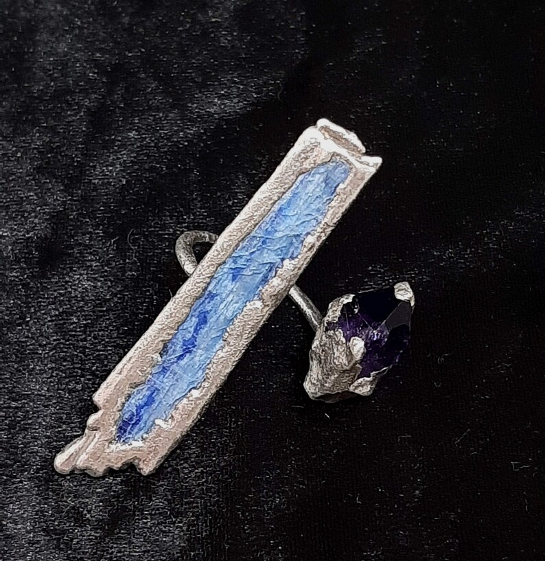 Amethyst Kyanite cristal silver ring Blue stone jewelry Raw | Etsy