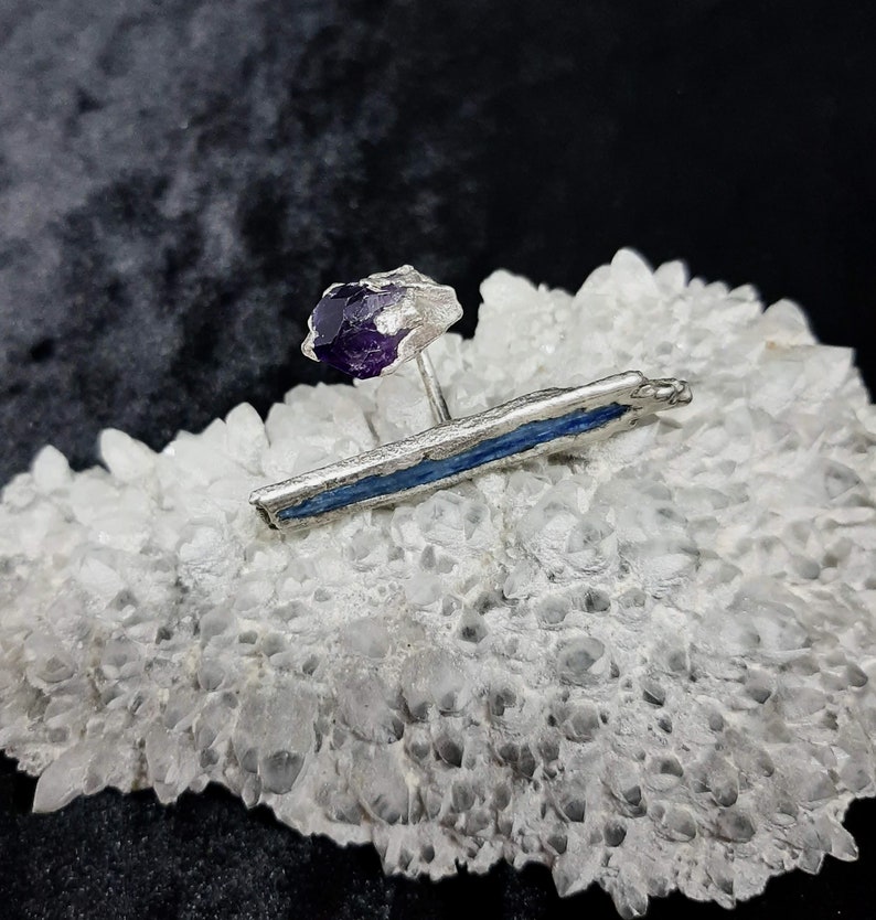 Amethyst Kyanite cristal silver ring Blue stone jewelry Raw | Etsy
