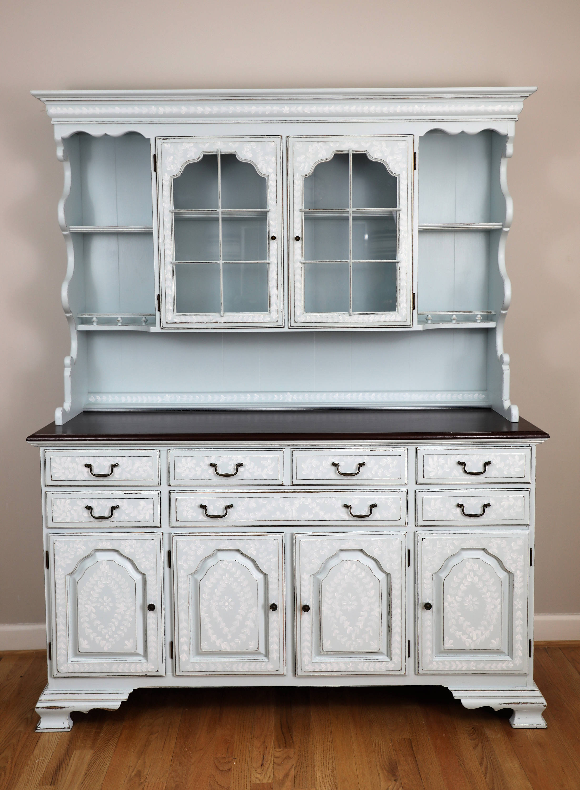 SOLD -- Refinished Soft Blue Painted Hutch / China Cabinet With Hand ...