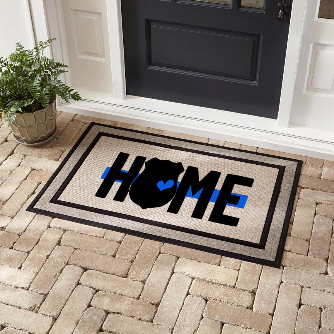 Thin Blue Line Home with Badge & blue heart Cop door mat. | Etsy